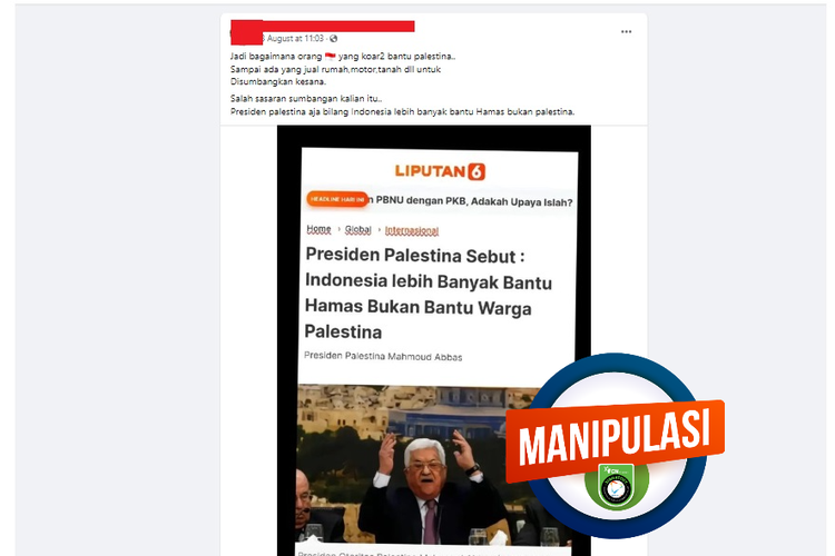 [HOAKS] Judul Artikel Presiden Palestina Sebut Indonesia Lebih Banyak Bantu Hamas