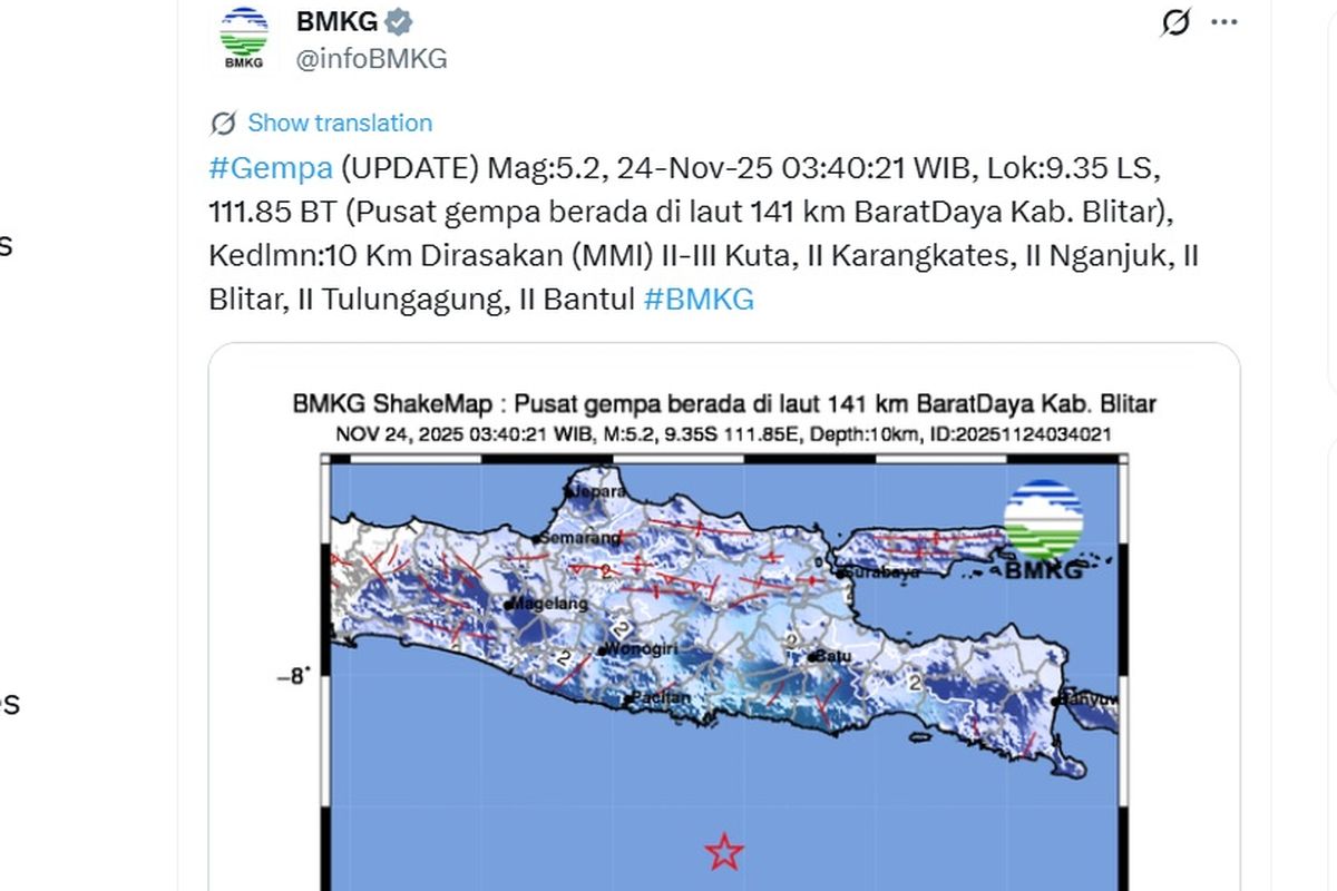Gempa Magnitudo 5,2 Guncang Blitar, Terasa hingga Bali dan Yogyakarta