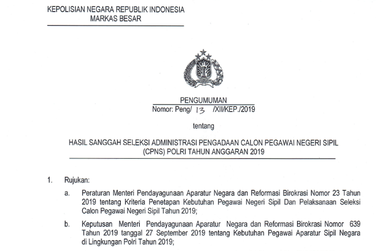 Polri Umumkan Hasil Sanggah Administrasi CPNS 2019, 2.585 Peserta Lolos