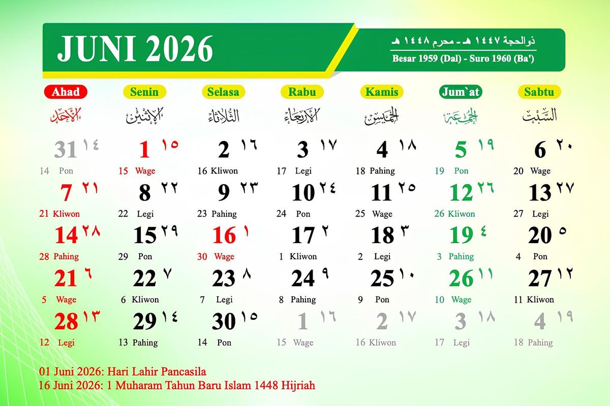 Kalender Juni 2026, Ini Daftar Tanggal Merah dan Potensi Long Weekend